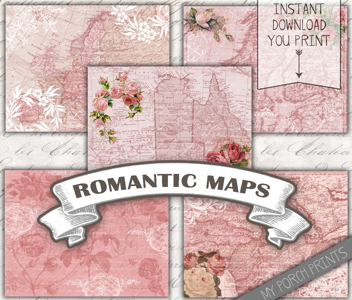 Junk Journal, Maps, Shabby, Pink, Romantic Maps, Printable Paper ...
