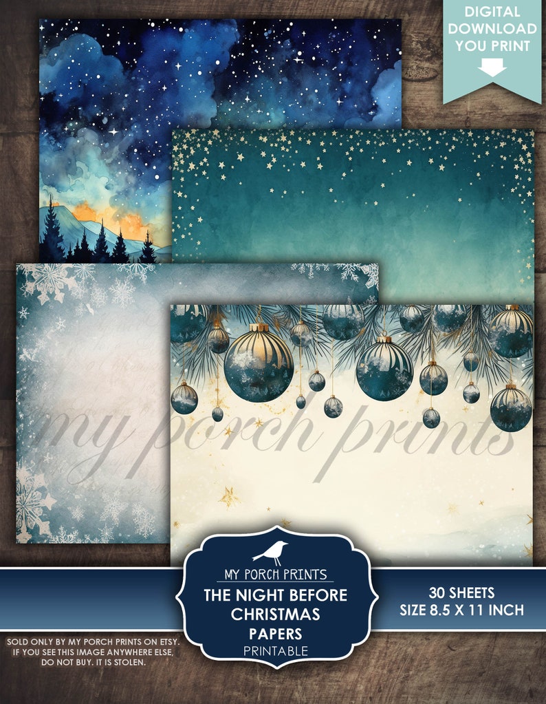 The Night Before Christmas PAPERS, Junk Journal, Star, Snow, Twas, Blue ...