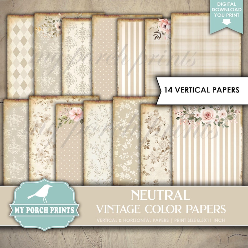 Neutral Vintage Color Papers, Junk Journal, Vertical and Horizontal ...