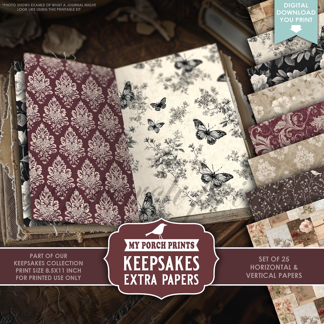 Keepsakes EXTRA PAPERS, Butterfly, Floral, Botanical, Burgundy, Vintage ...