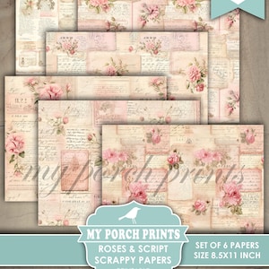 Roses and Script Scrappy Papers, Junk Journal, Pages, Floral, Vintage ...