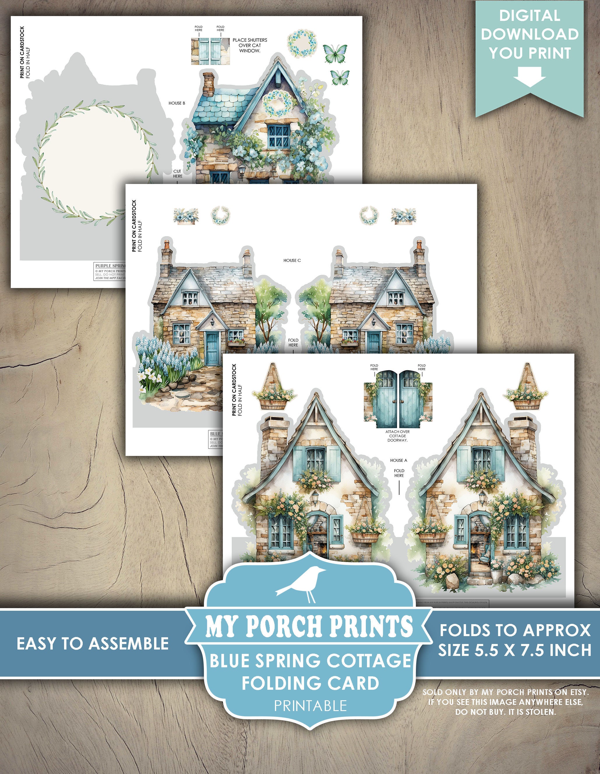 Blue Spring Cottage Folding Card, Junk Journal, Insert, Kit, 3D, Craft ...