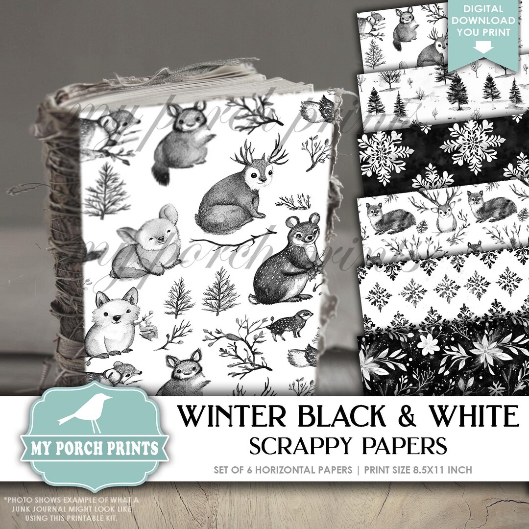 Winter Black & White Scrappy Papers, Junk Journal, Pages, Christmas ...