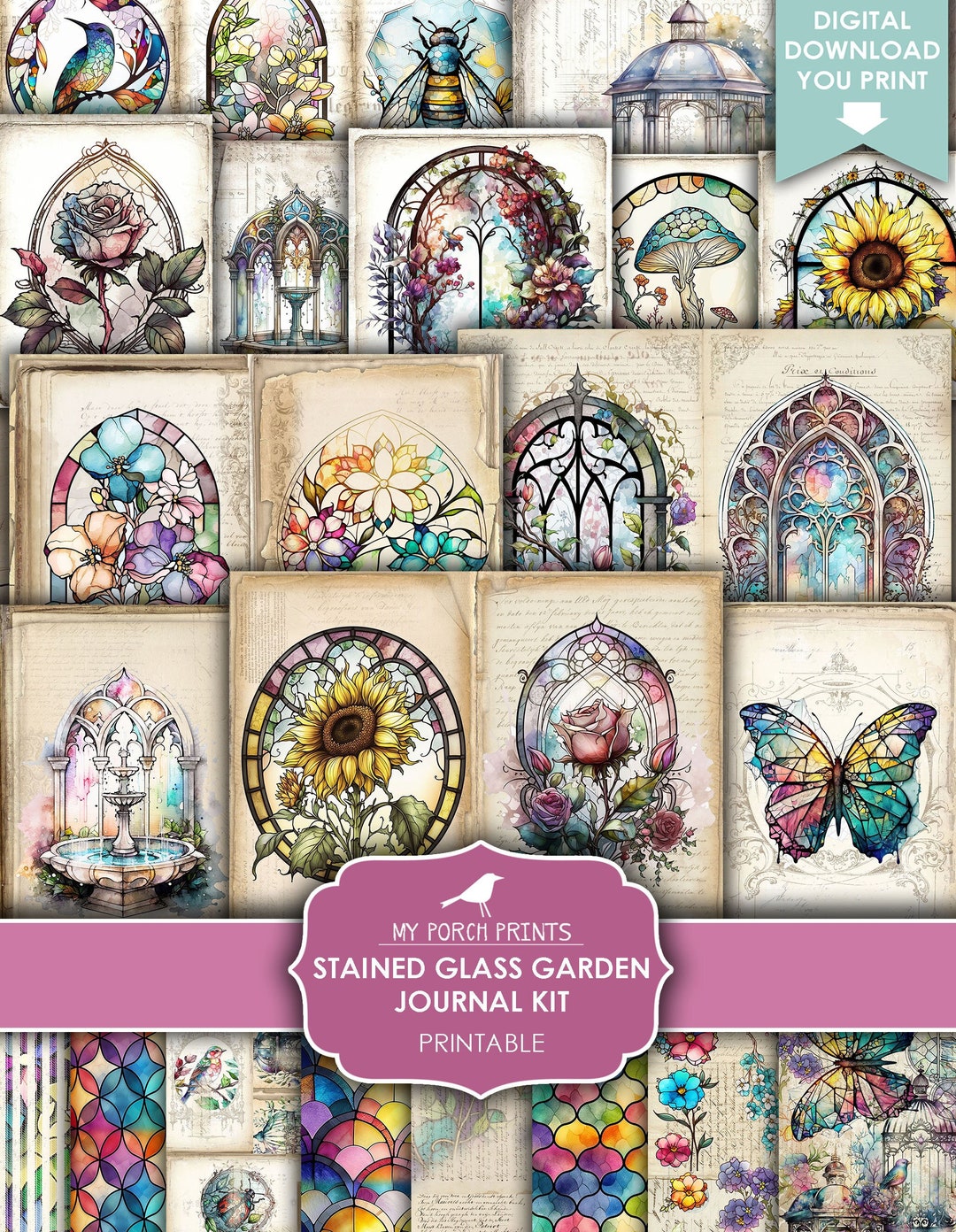 Junk Journal, Kit, Stained Glass, Garden, Colorful, Window, Sunflower ...