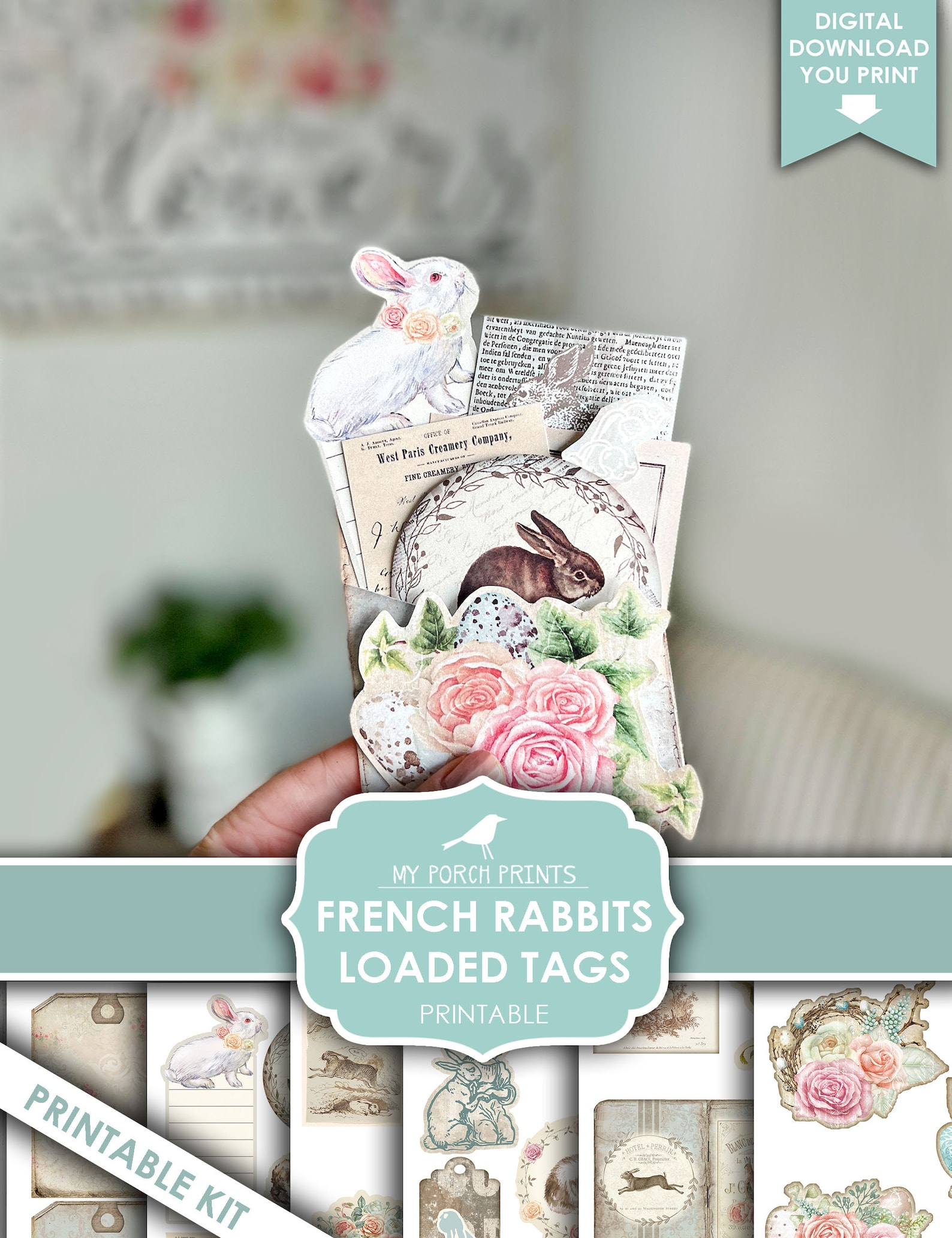 French, Rabbits, Loaded Tags, Junk Journal, Easter, Bunny, Basket ...