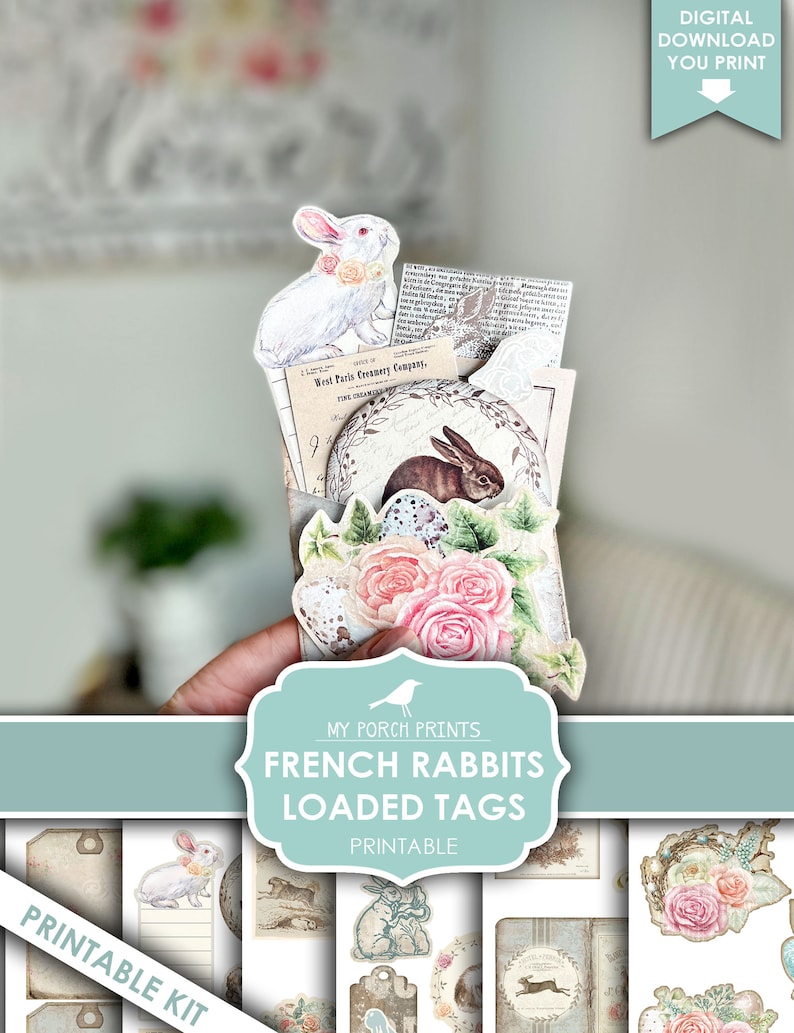 French, Rabbits, Loaded Tags, Junk Journal, Easter, Bunny, Basket ...