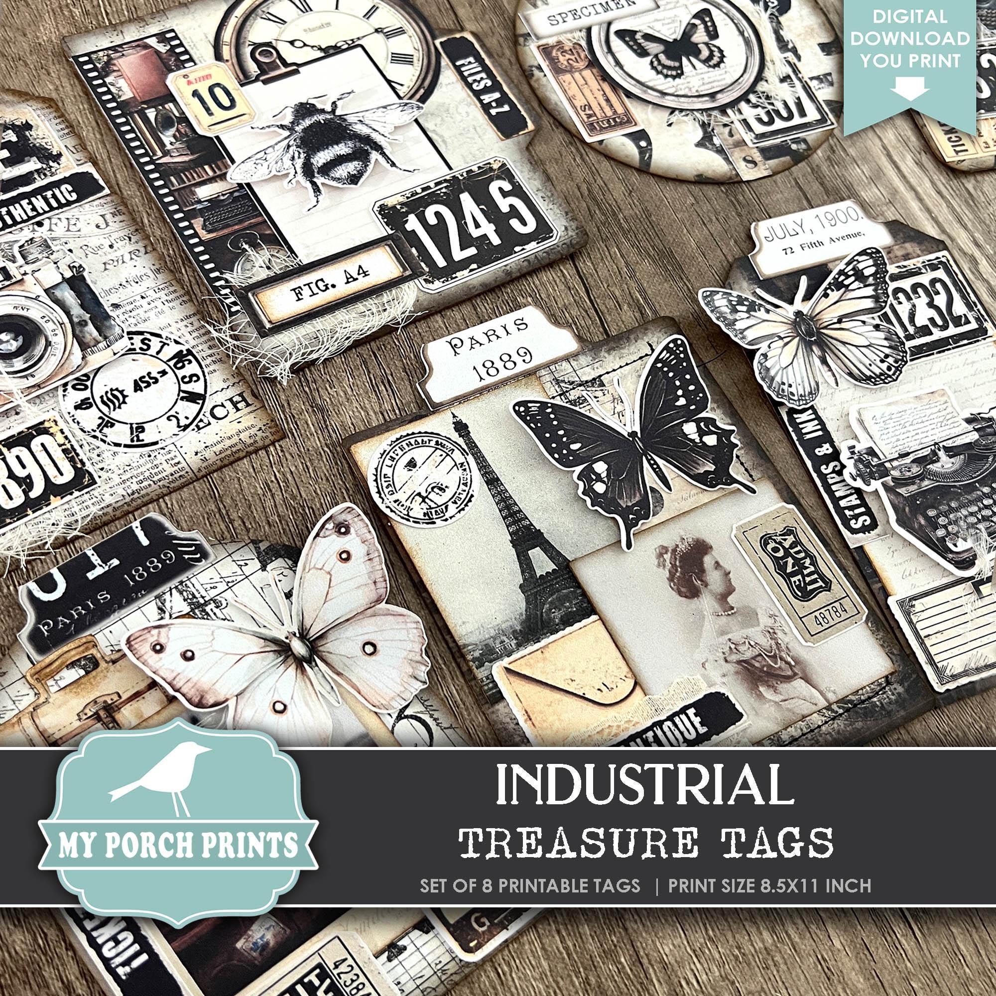 Industrial Treasure Tags Kit Junk Journal Fussy Cuts Black White Tag ...