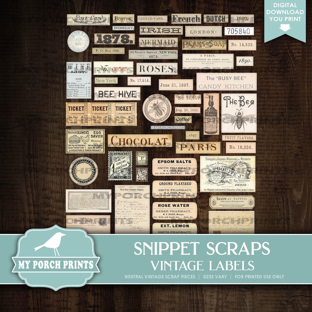 Snippet Scraps Vintage Labels, Junk Journal, Words, Numbers, Ephemera ...