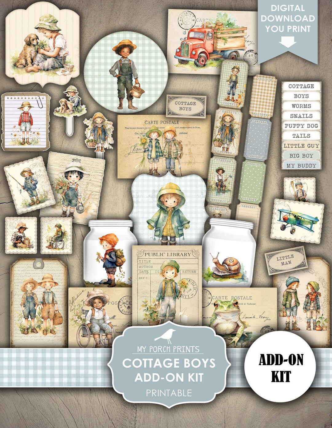 Junk Journal, Cottage Boys, Add on Kit, Kids, Cute, Children, Country ...