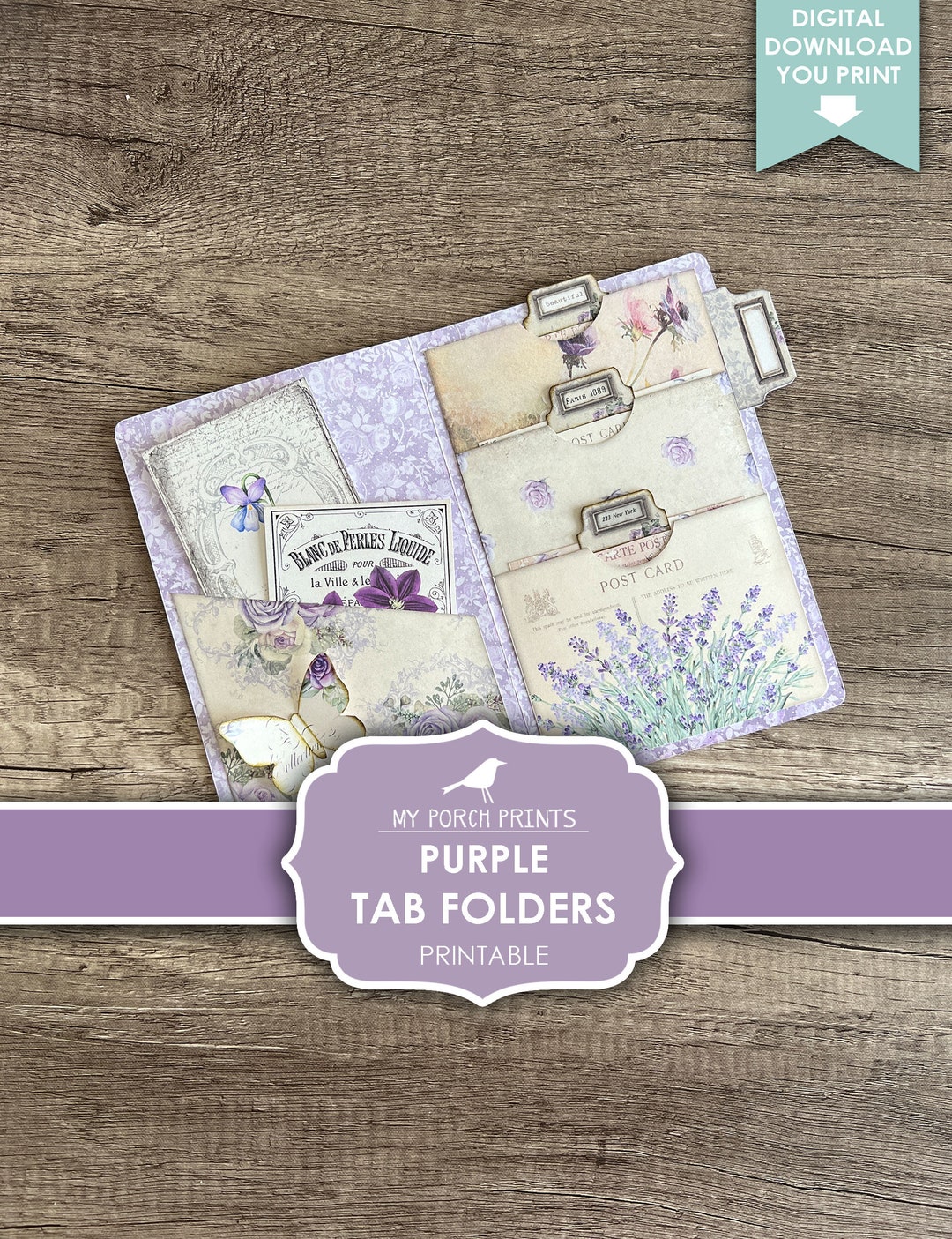 Purple, Tab Folders, Junk Journal, Vintage, Folder, Pockets, Ephemera ...