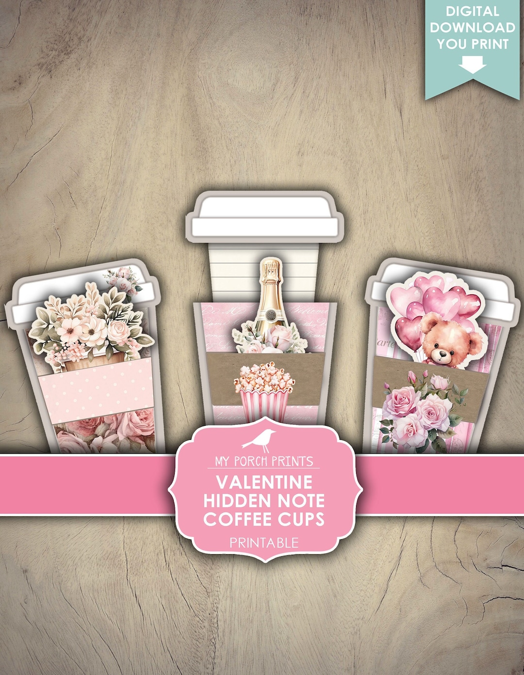 Valentine Hidden Note Coffee Cups, Junk Journal, Pink, Valentines, Card ...