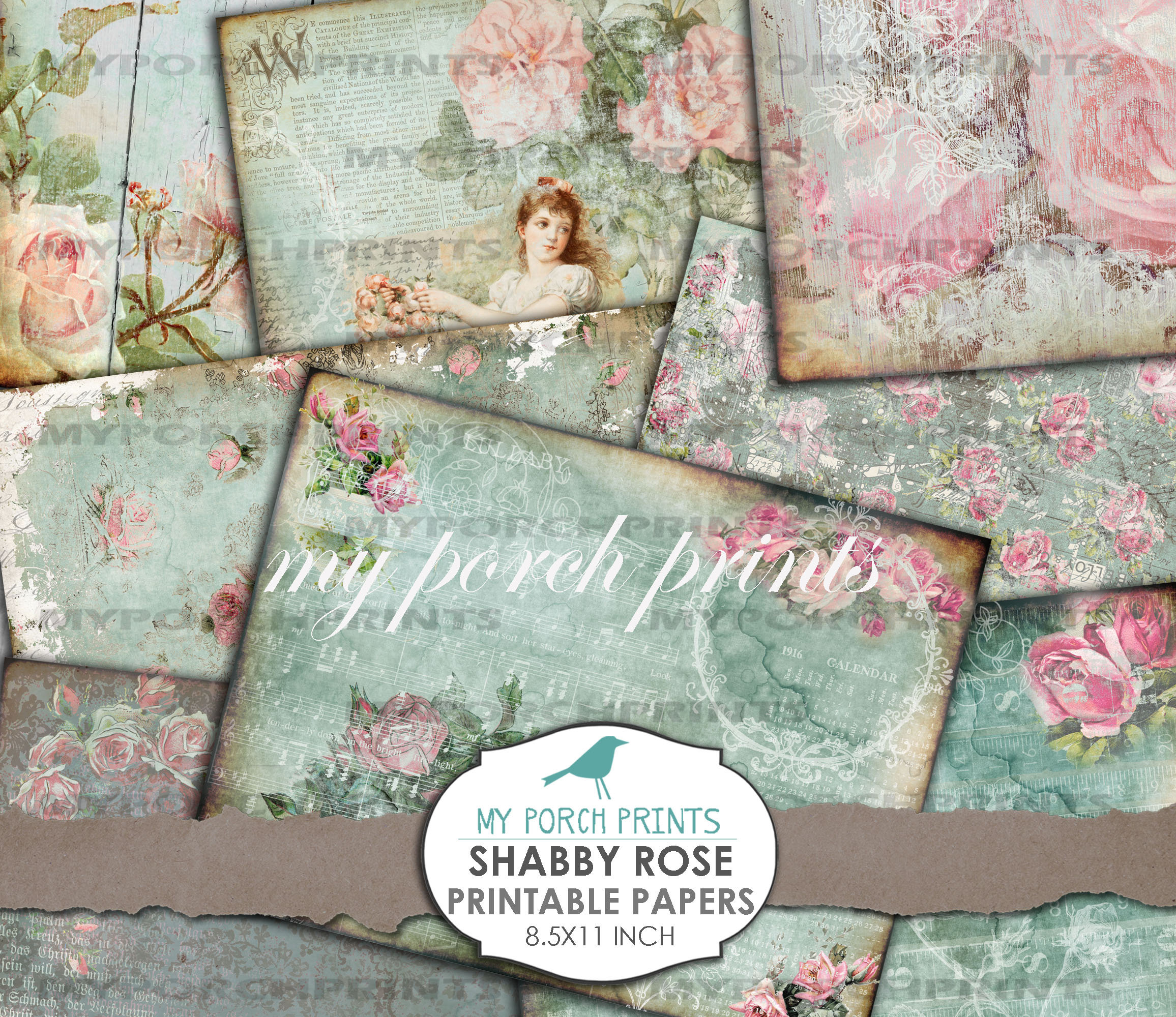 Shabby Rose Printable Papers, Collage Sheet, Journal Page, Blue, Pink ...