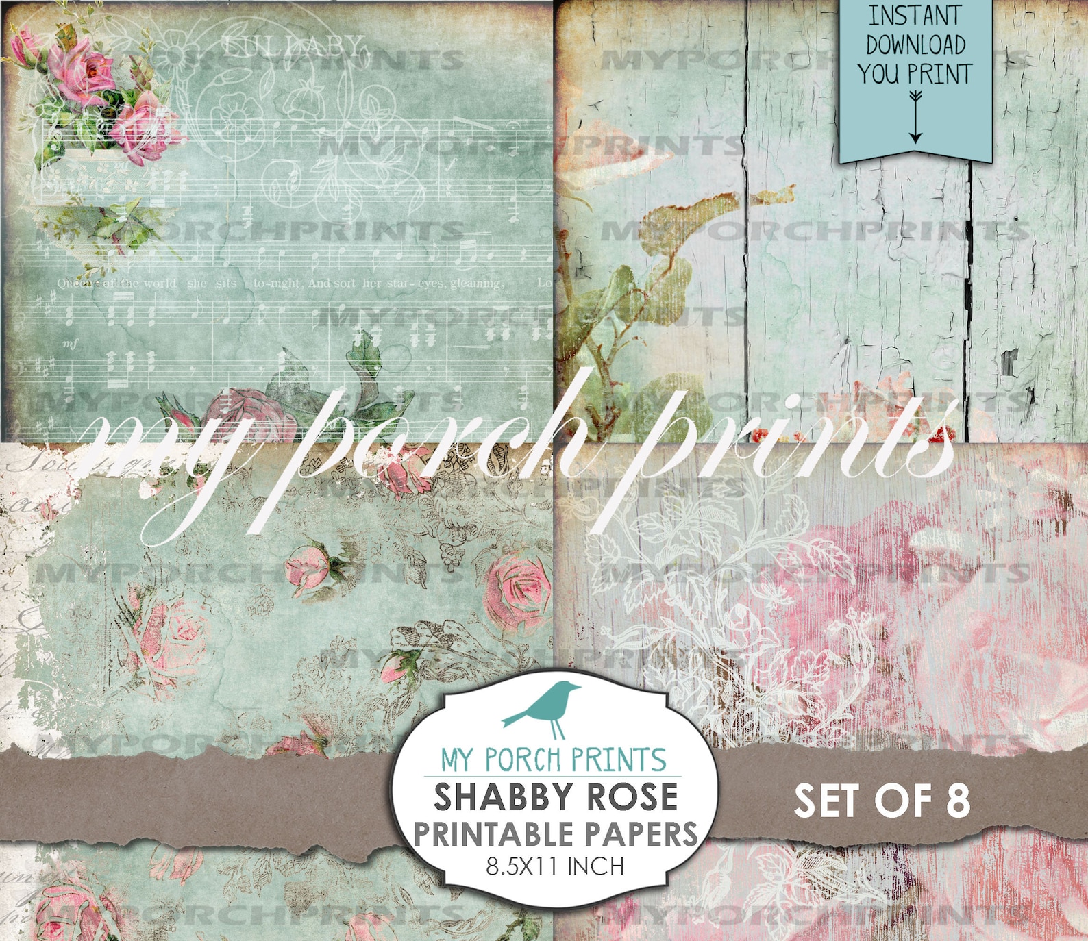 Shabby Rose Printable Papers, Collage Sheet, Journal Page, Blue, Pink ...