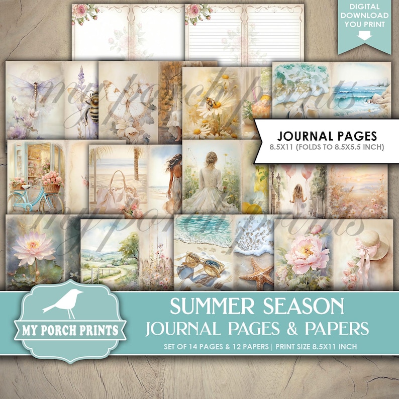 Summer Season Junk Journal PAGES & PAPERS, 4, Four, Seasons, Beach ...