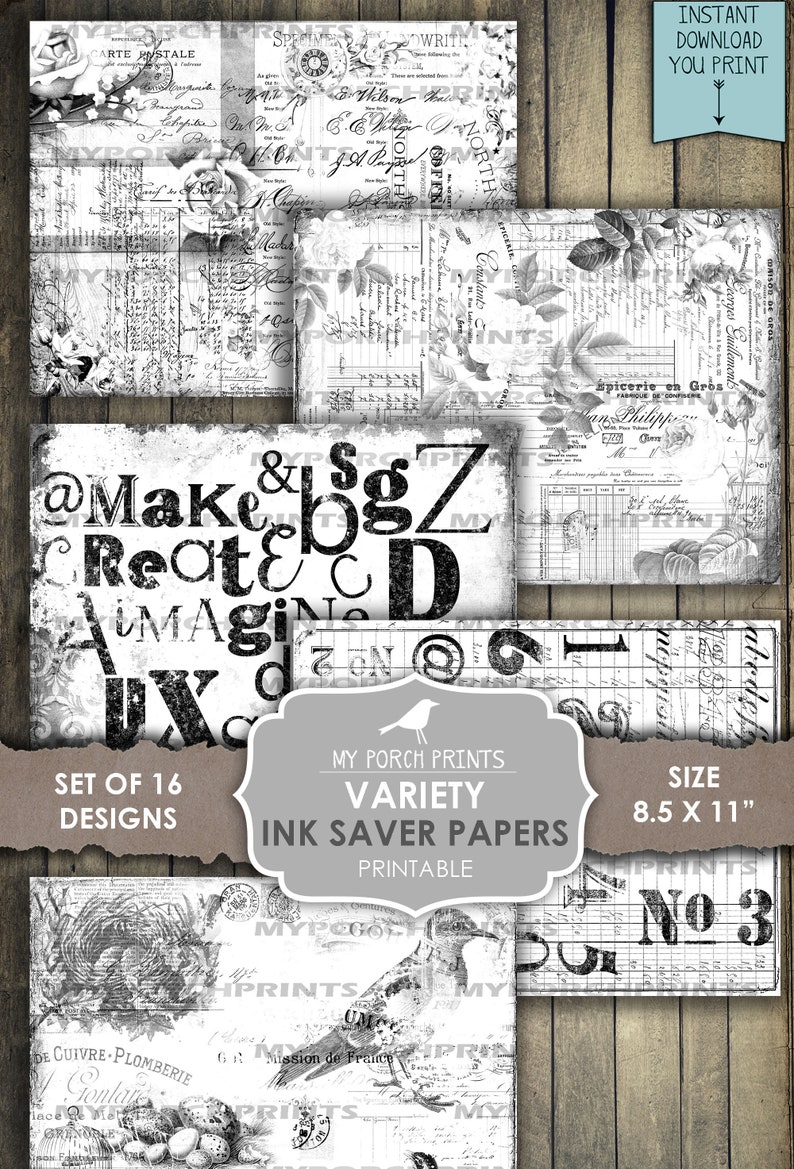 Variety, Junk Journal, Printable, Papers, Ink Saver, Black and White ...