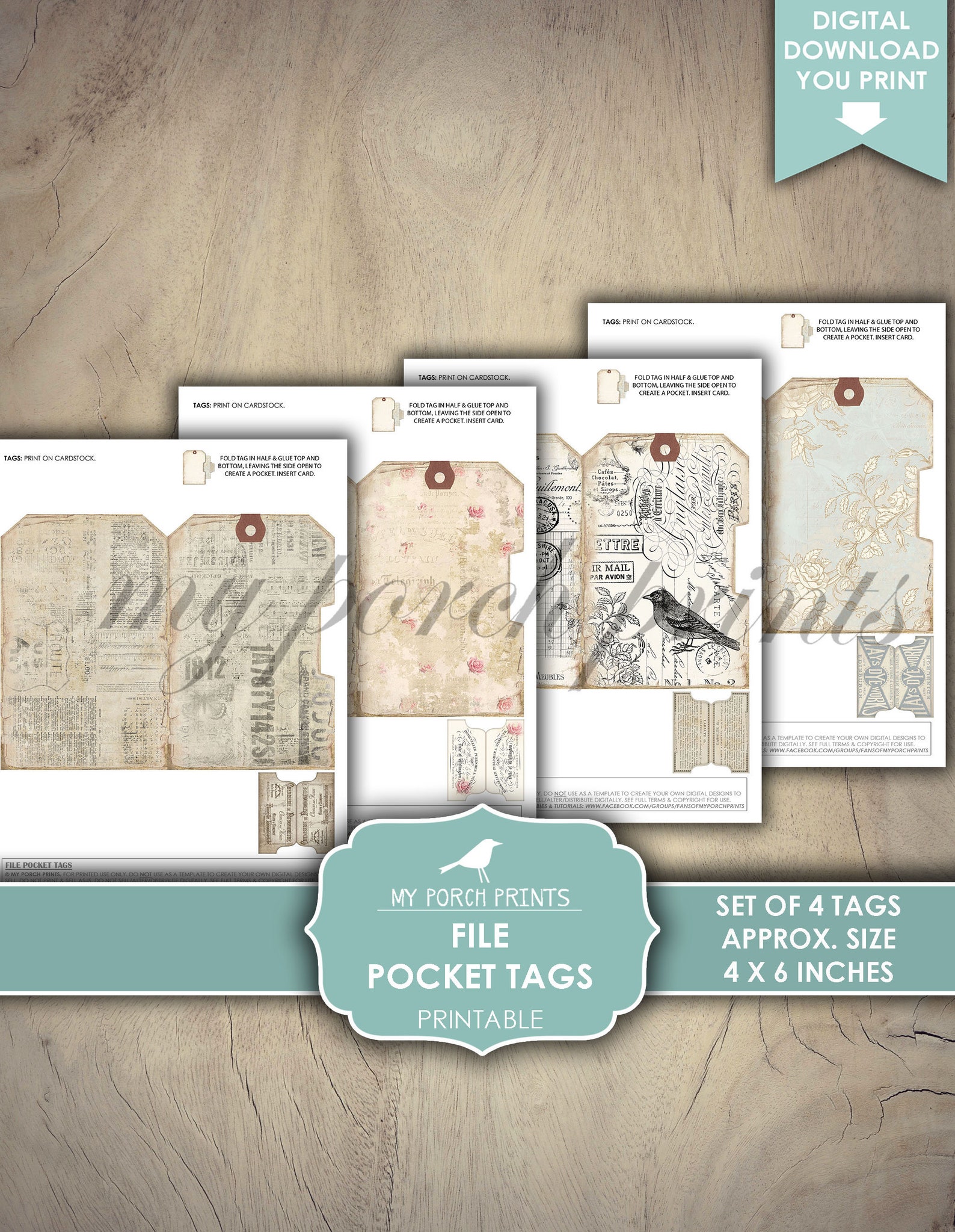 Junk Journal, File Pocket Tags, Ephemera, Shabby, Blue, Neutral, Faded ...