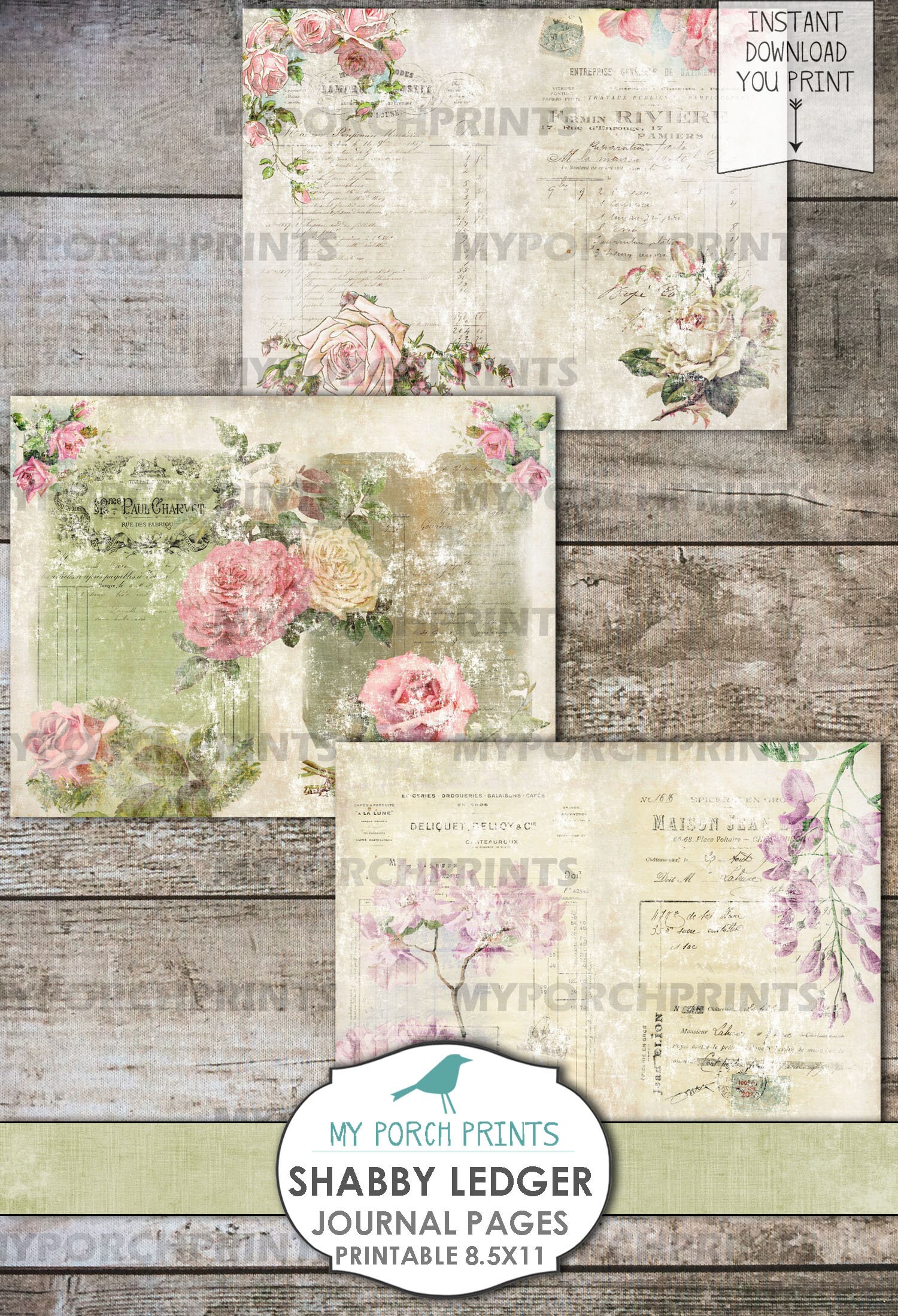 Shabby Ledger Journal Pages, Collage Sheet, Floral, Flowers, Book ...