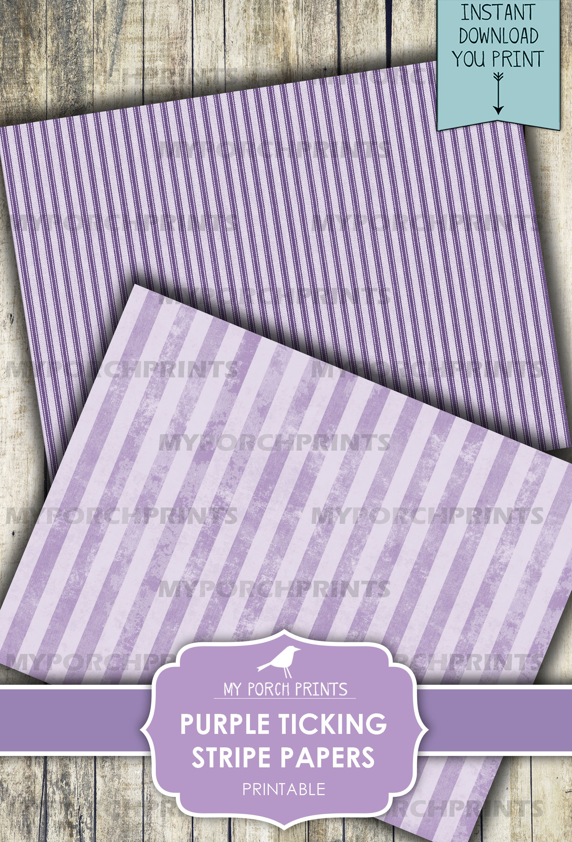 Junk Journal, Ticking Stripe, Papers, Purple, Lavender, Printable ...
