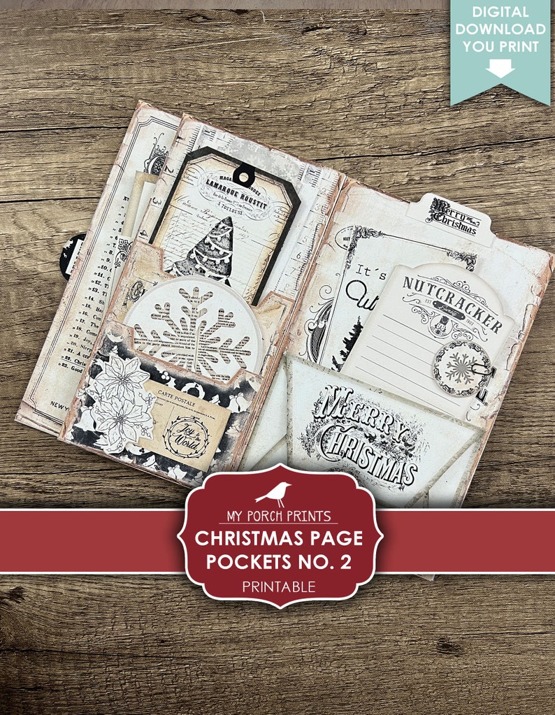 Christmas Page Pockets No. 2, Junk Journal, Folio, Folder, Black, White ...