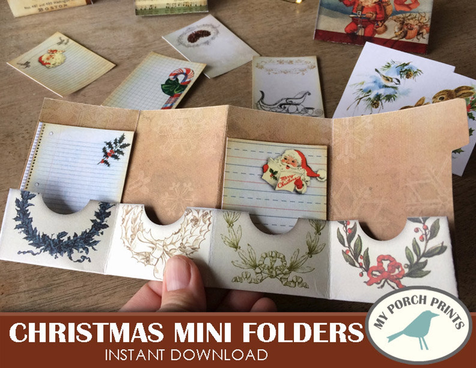Christmas Mini File Folders, Scrapbook Kit, Junk Journal Kit, Notecards ...