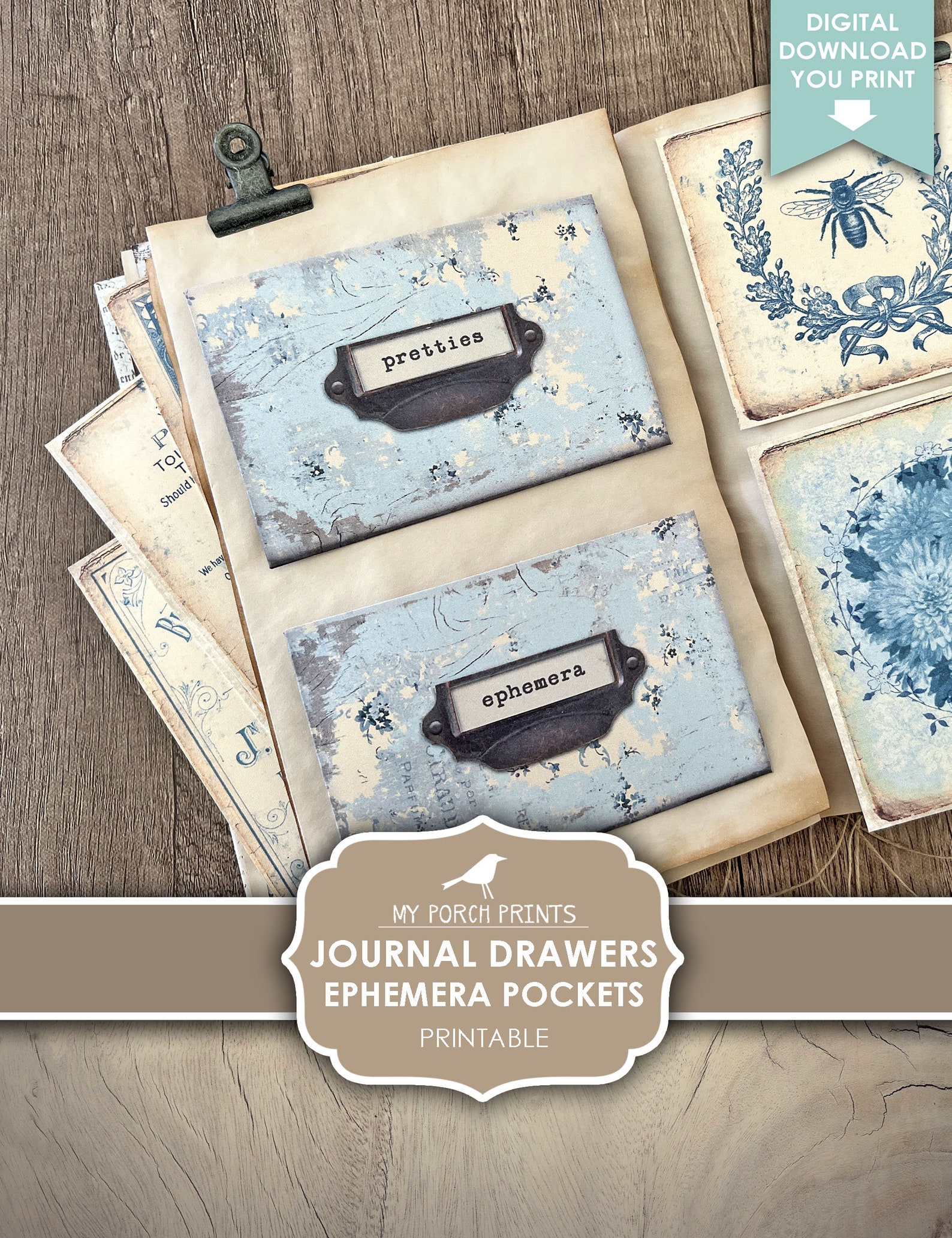 Journal, Drawers, Pockets, Junk Journal, Ephemera, Shabby, Pink, Blue ...