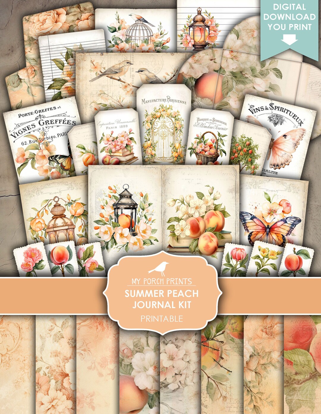 Junk Journal Kit, Summer, Peach, Flowers, Orchard, Fruit, Tags, Peaches ...