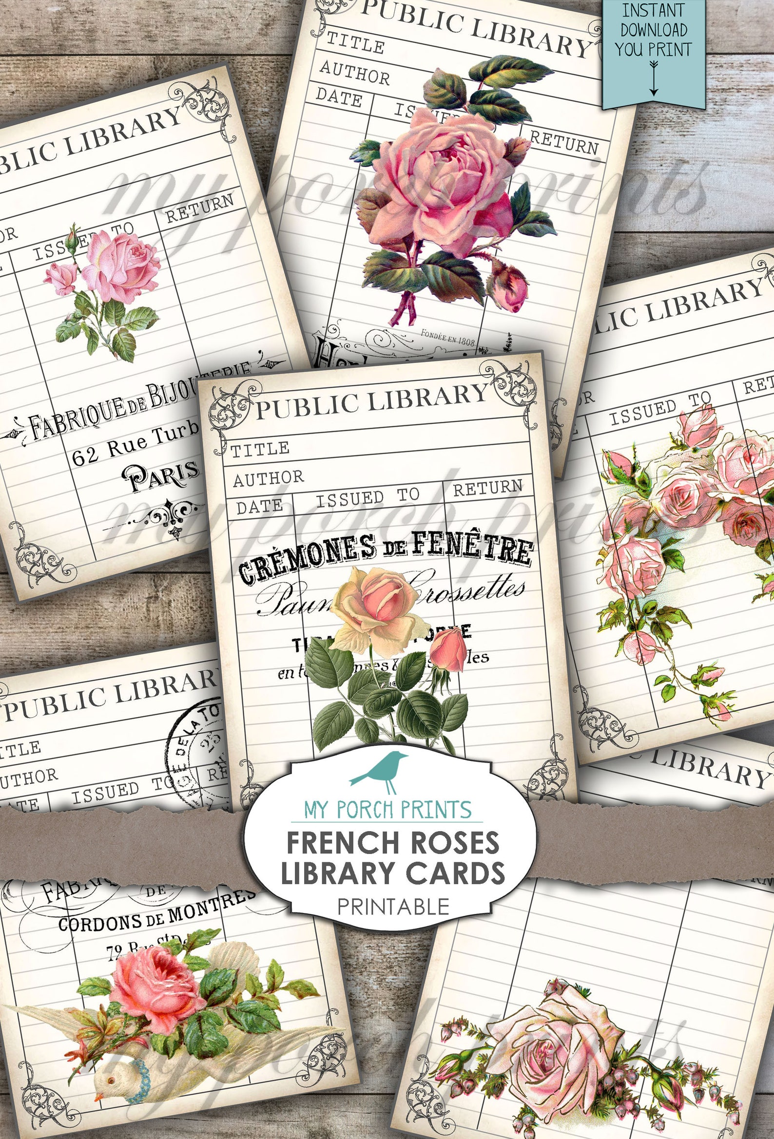 Library Cards, French, Rose, Scrapbooking, ATC, Valentine, Tag ...