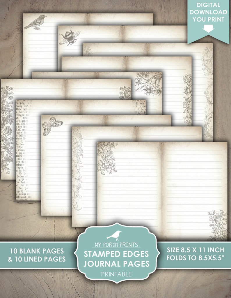 Junk Journal, Stamped Edges, Journal Pages, Plain, Blank, Lined, Ruled ...