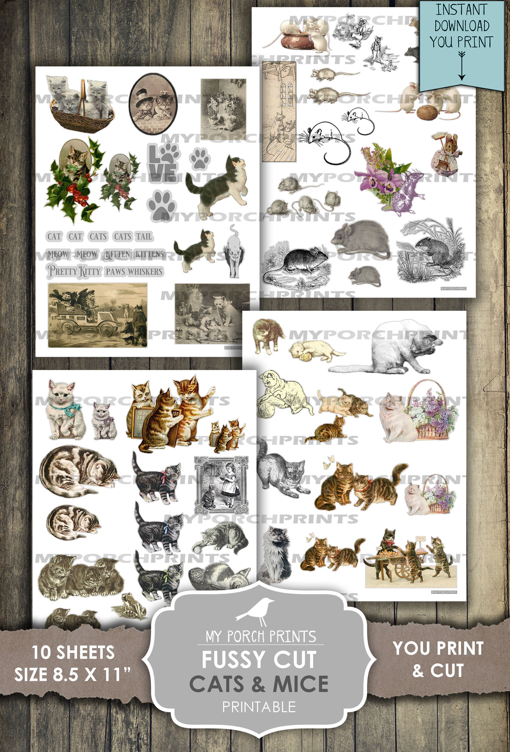 Junk Journal Kit, Fussy Cut, Cats, Mice, Mouse, Kitten, Cat, Kitty ...