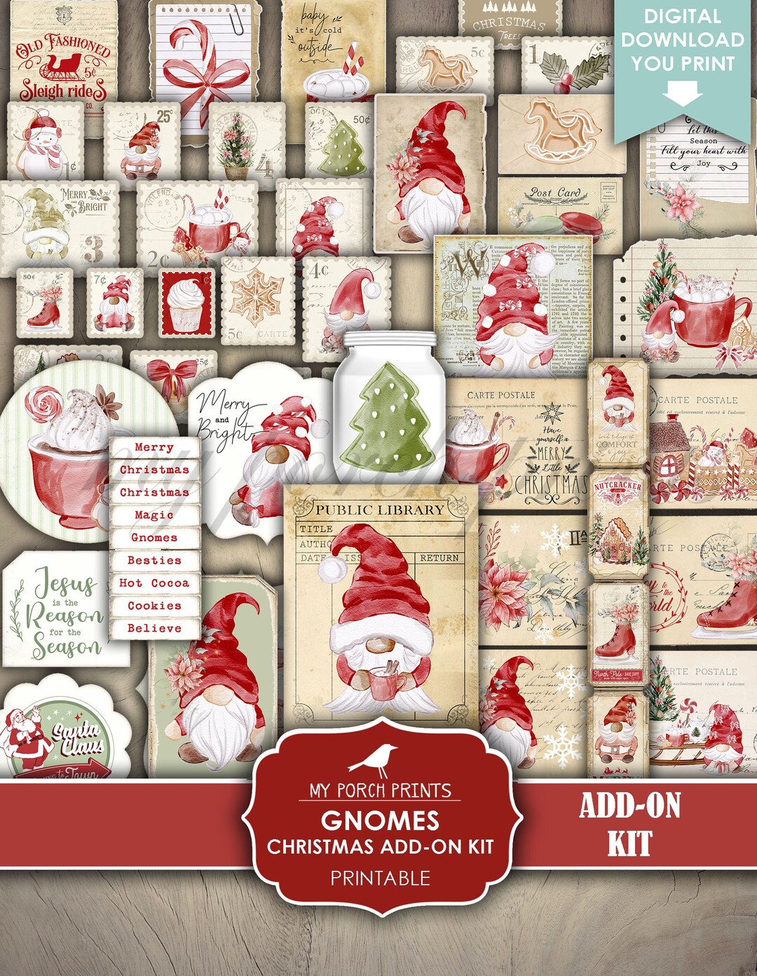 Junk Journal, Gnomes, Christmas, Add On, Kit, Red, Green, December ...