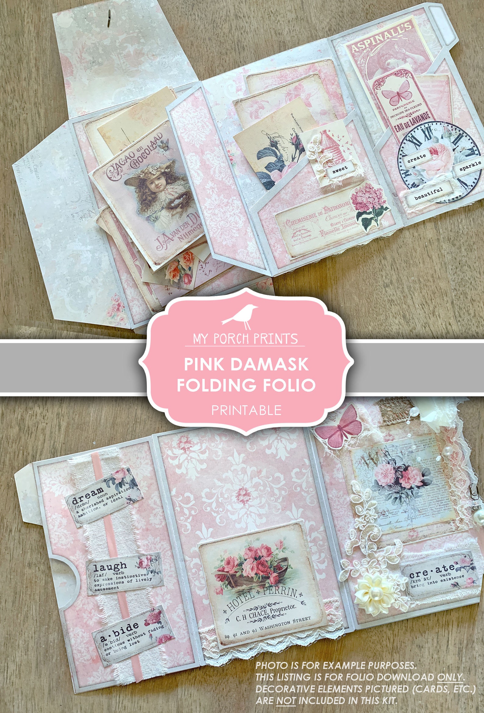 Junk Journal, Folding Folio, Pink, Damask, Pocket Folder, Craft Kit ...