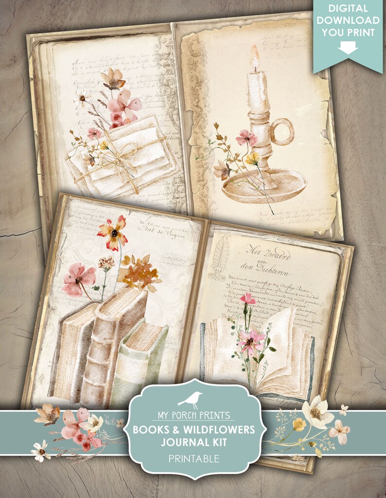 Junk Journal Kit Books and Wildflowers Book Lover Jane - Etsy
