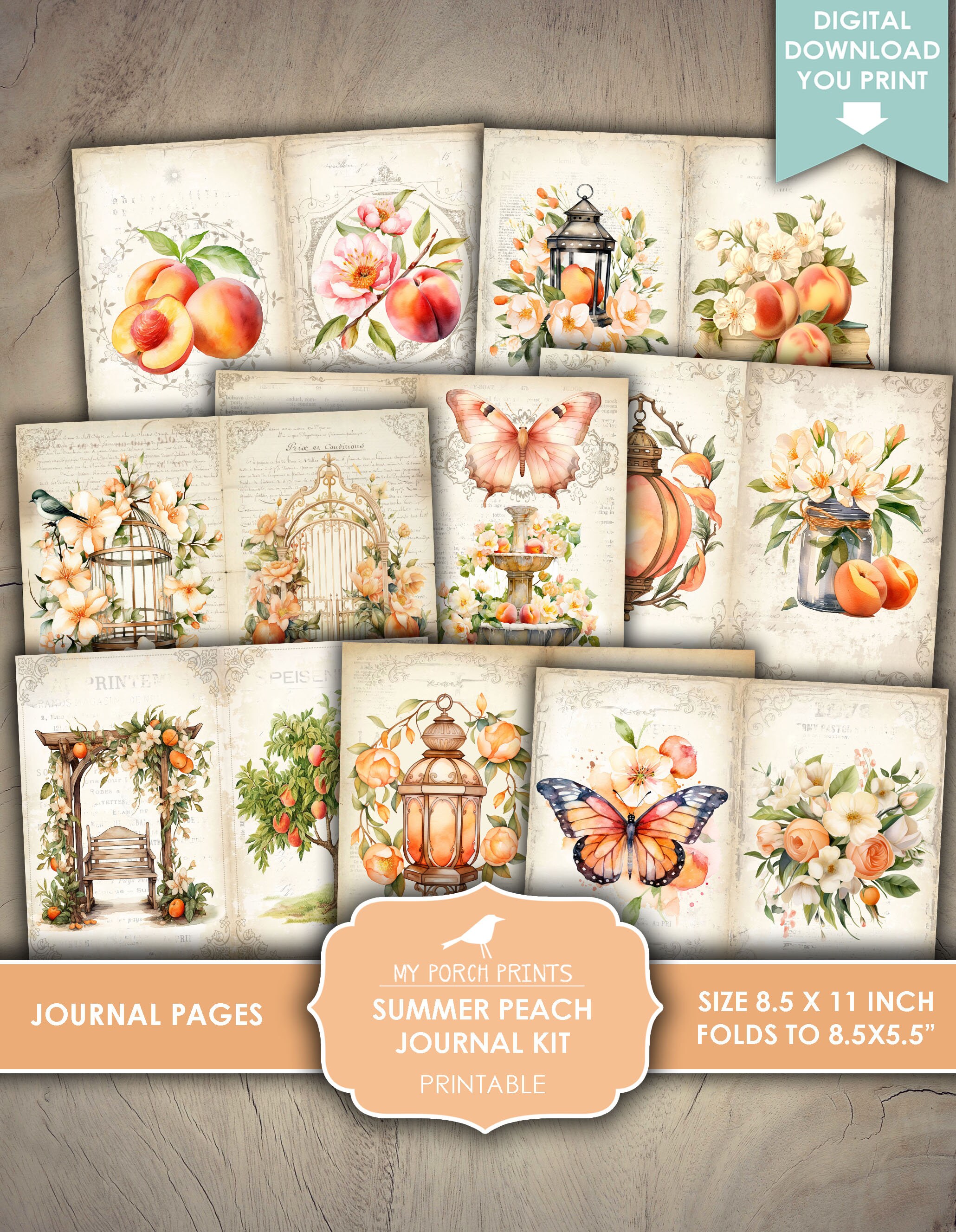 Junk Journal Kit, Summer, Peach, Flowers, Orchard, Fruit, Tags, Peaches ...