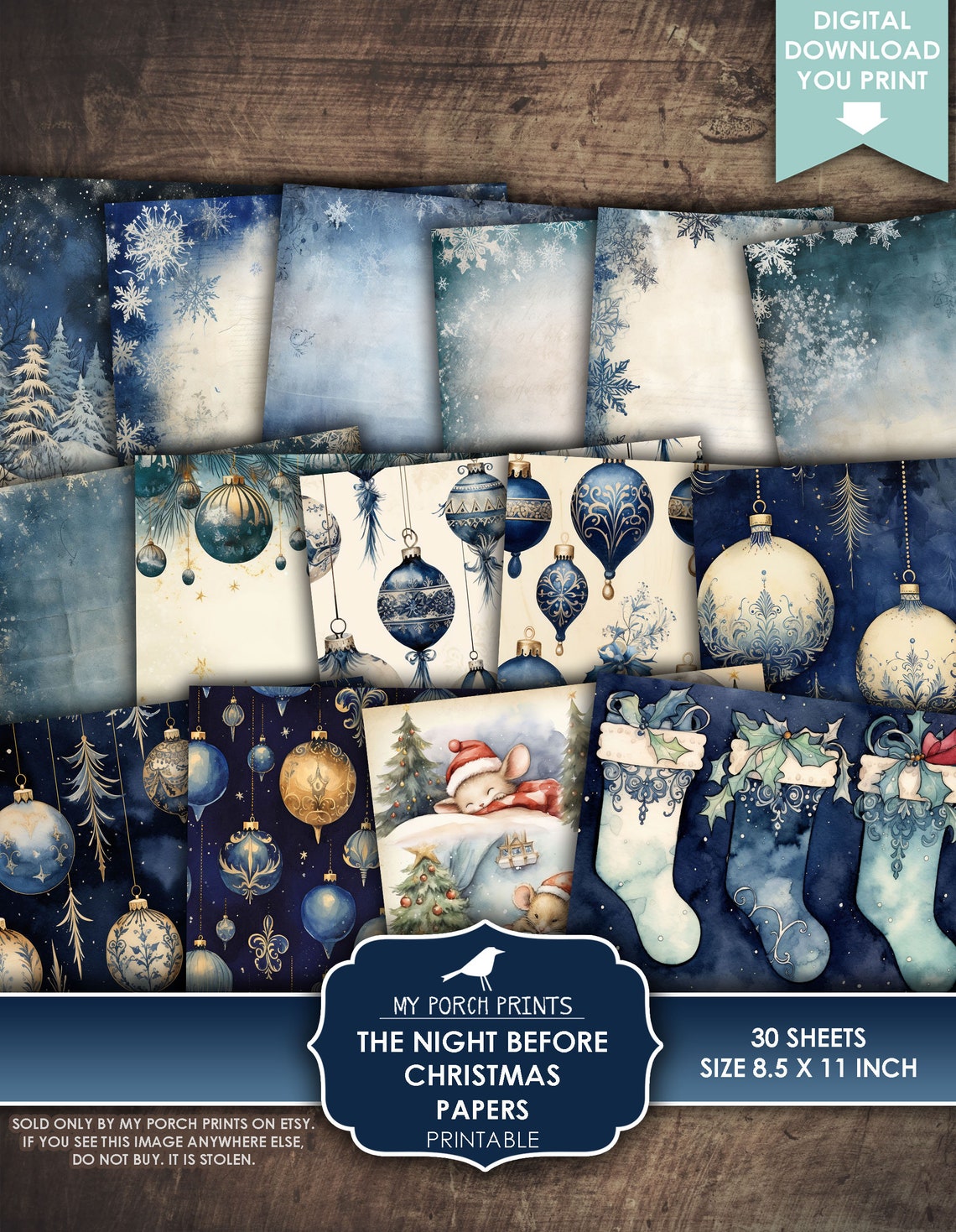 The Night Before Christmas PAPERS, Junk Journal, Star, Snow, Twas, Blue ...
