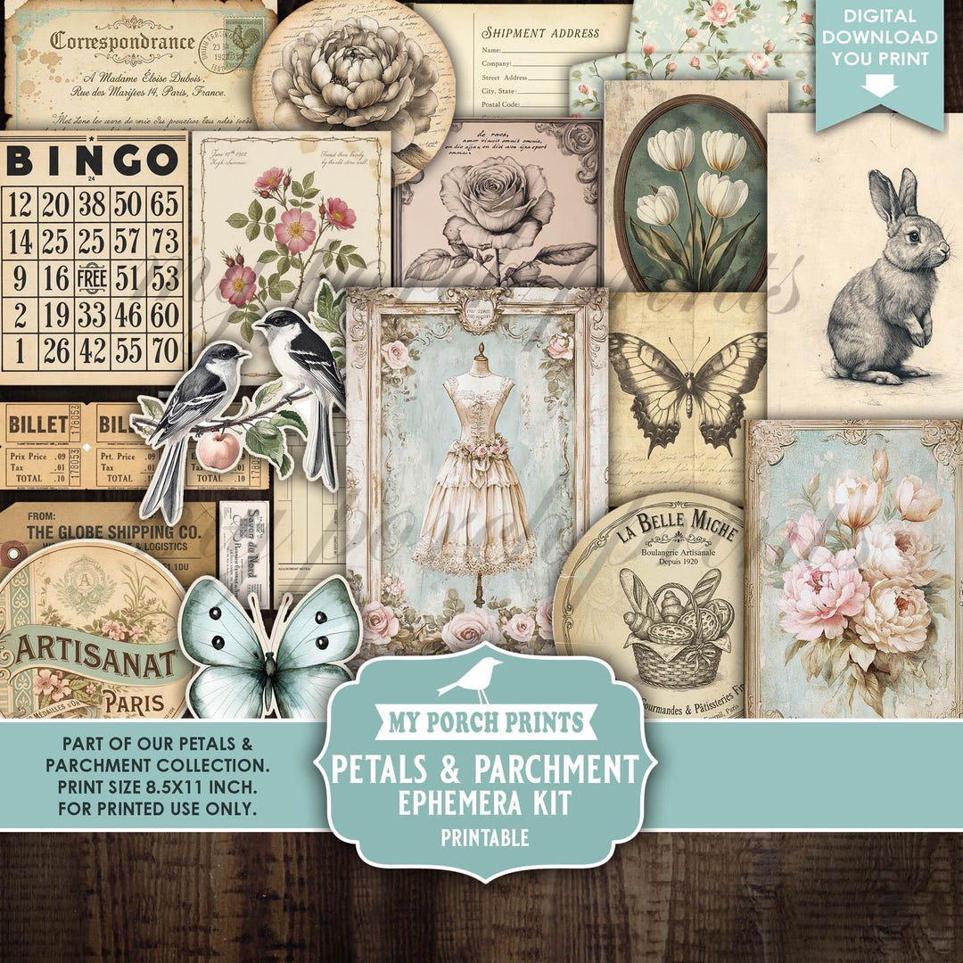 Petals and Parchment Junk Journal EPHEMERA Kit, Vintage, Bird, Spring ...