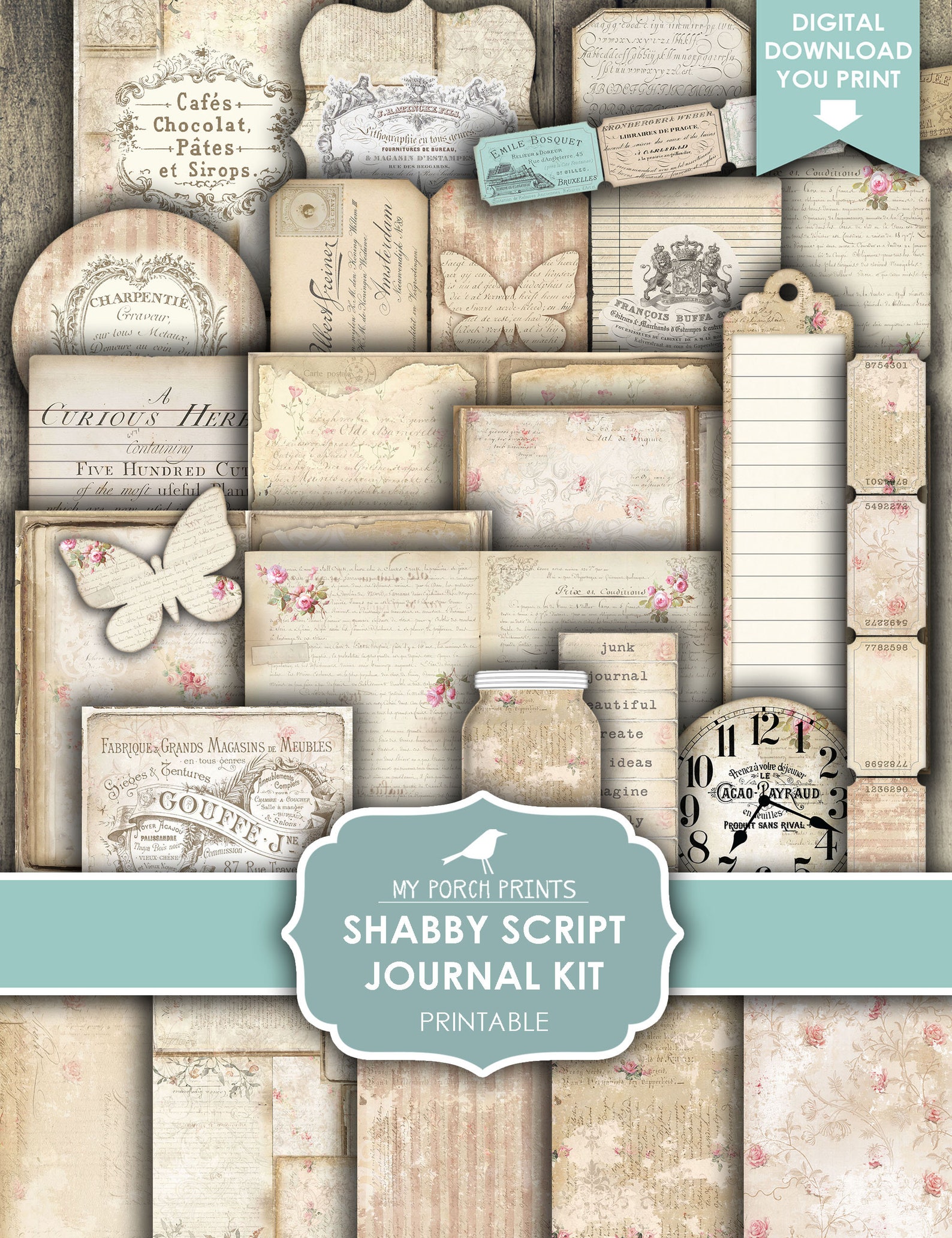 Junk Journal Kit Shabby Script Boho Vintage Floral - Etsy