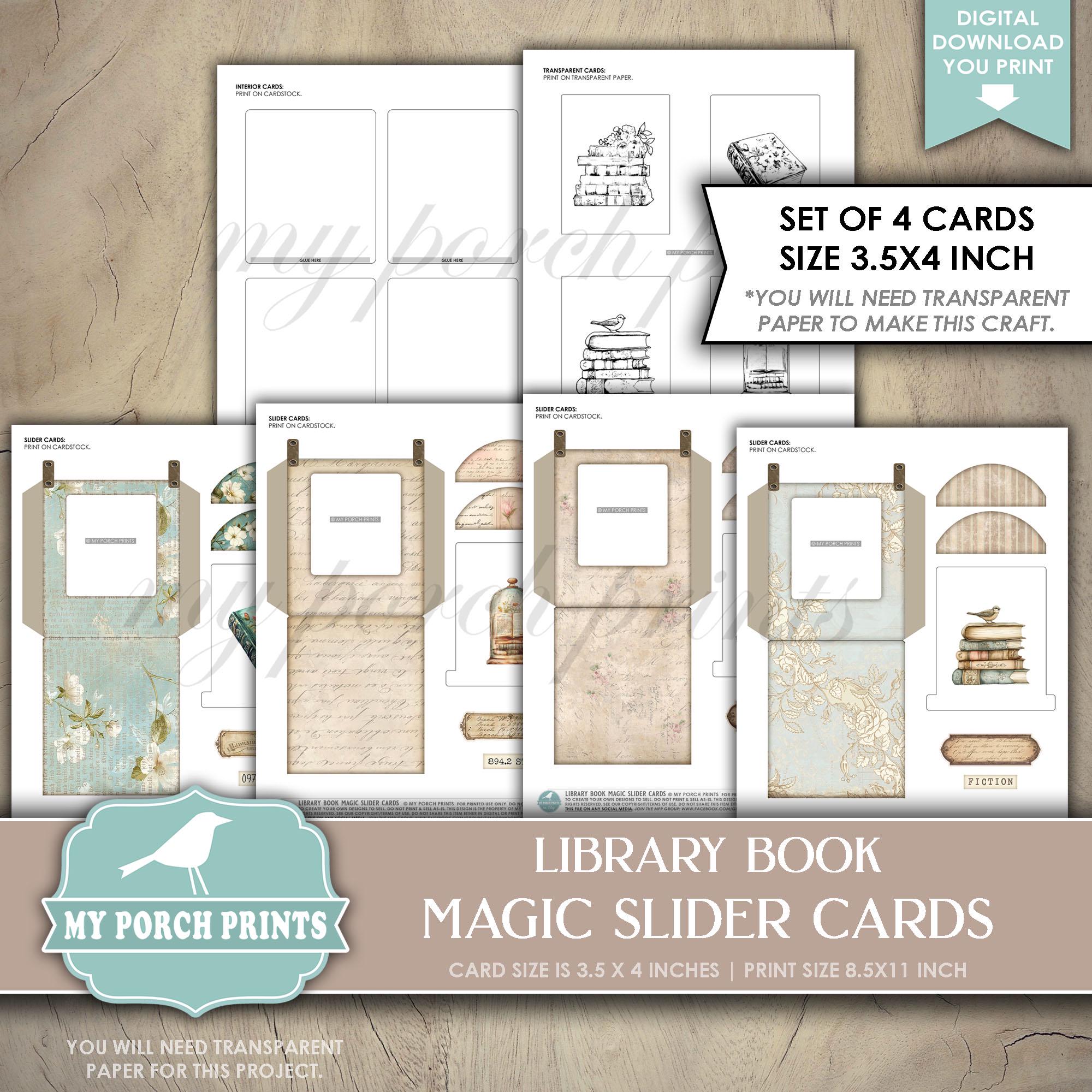 Library Book Magic Slider Cards, Junk Journal, Black and White, Color ...