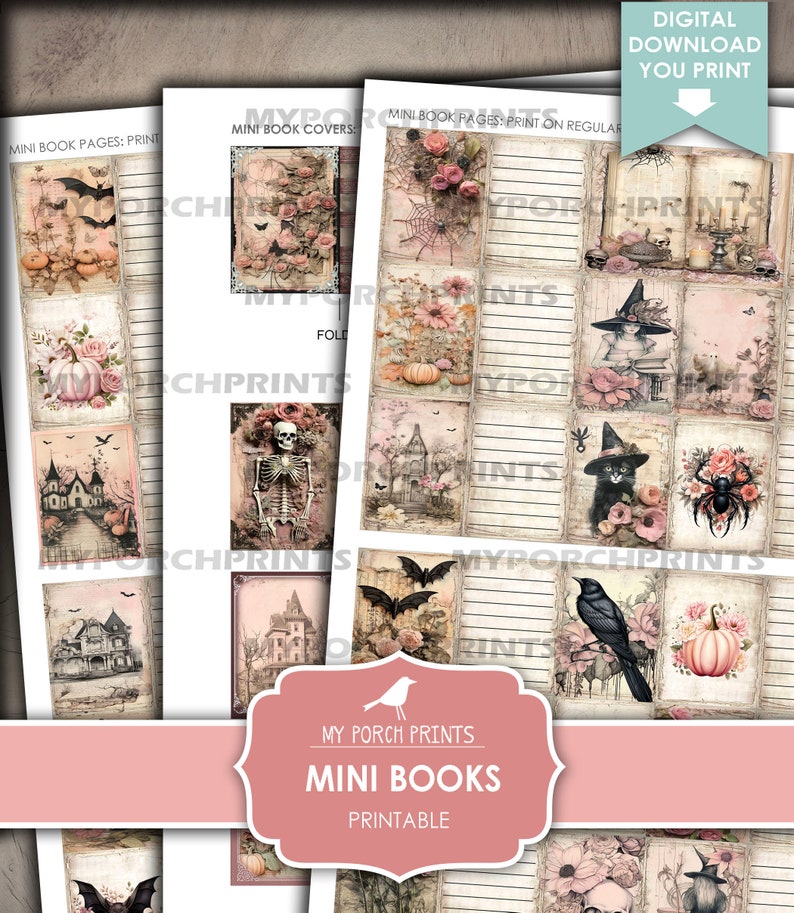 Pink Halloween Mini Books, Junk Journal, Witch, Magic, Miniature ...