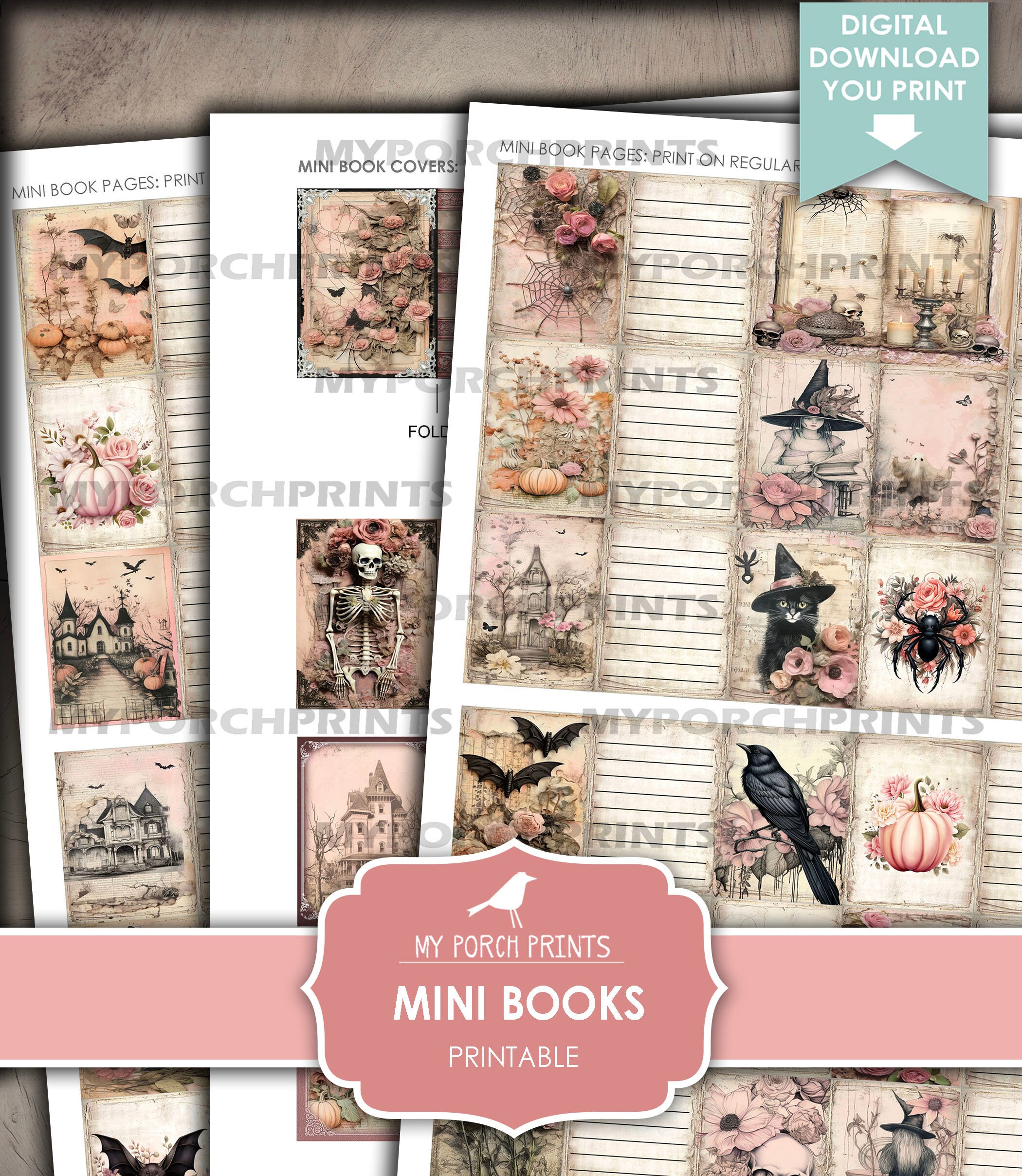 Pink Halloween Mini Books, Junk Journal, Witch, Magic, Miniature ...