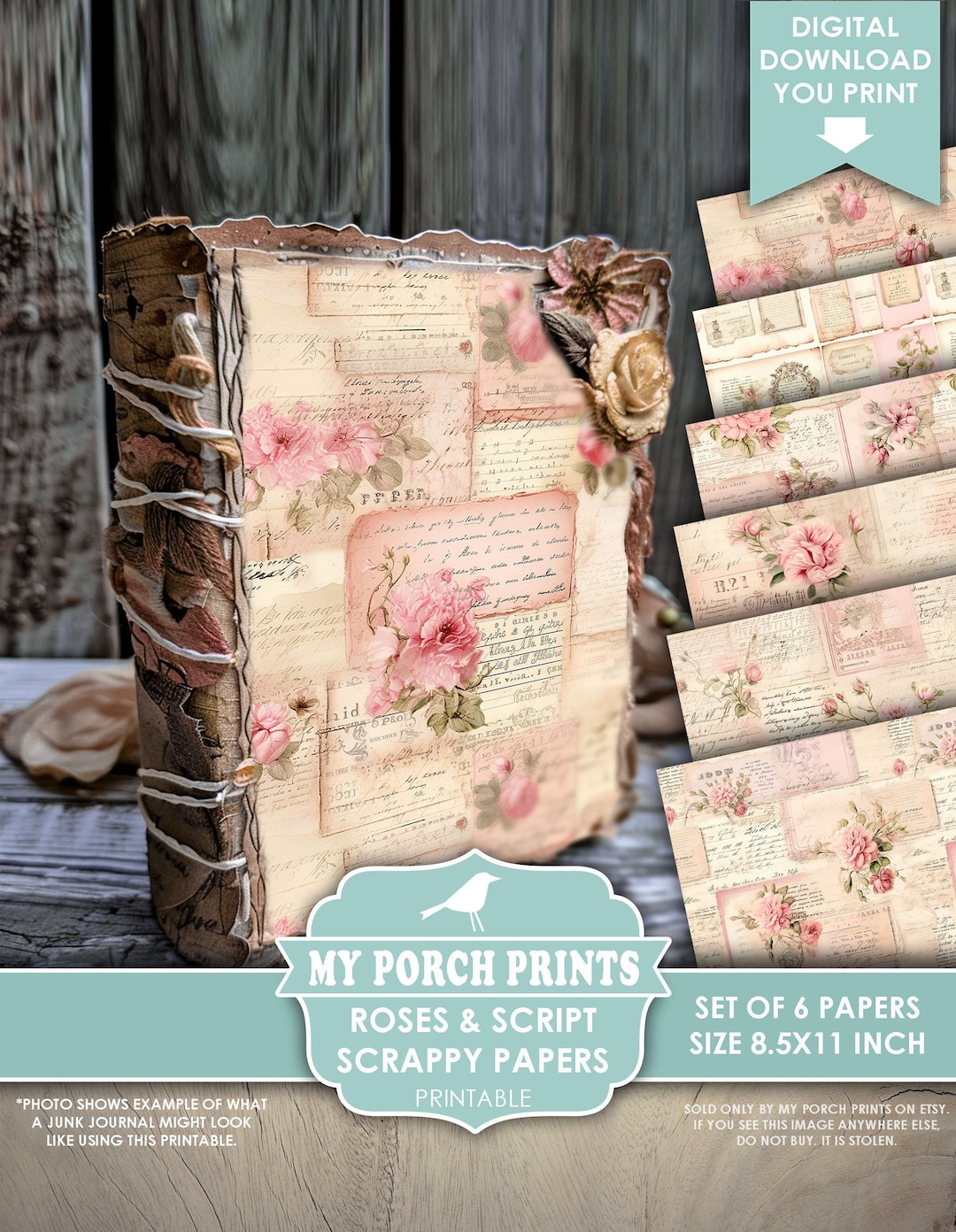 Roses and Script Scrappy Papers, Junk Journal, Pages, Floral, Vintage ...