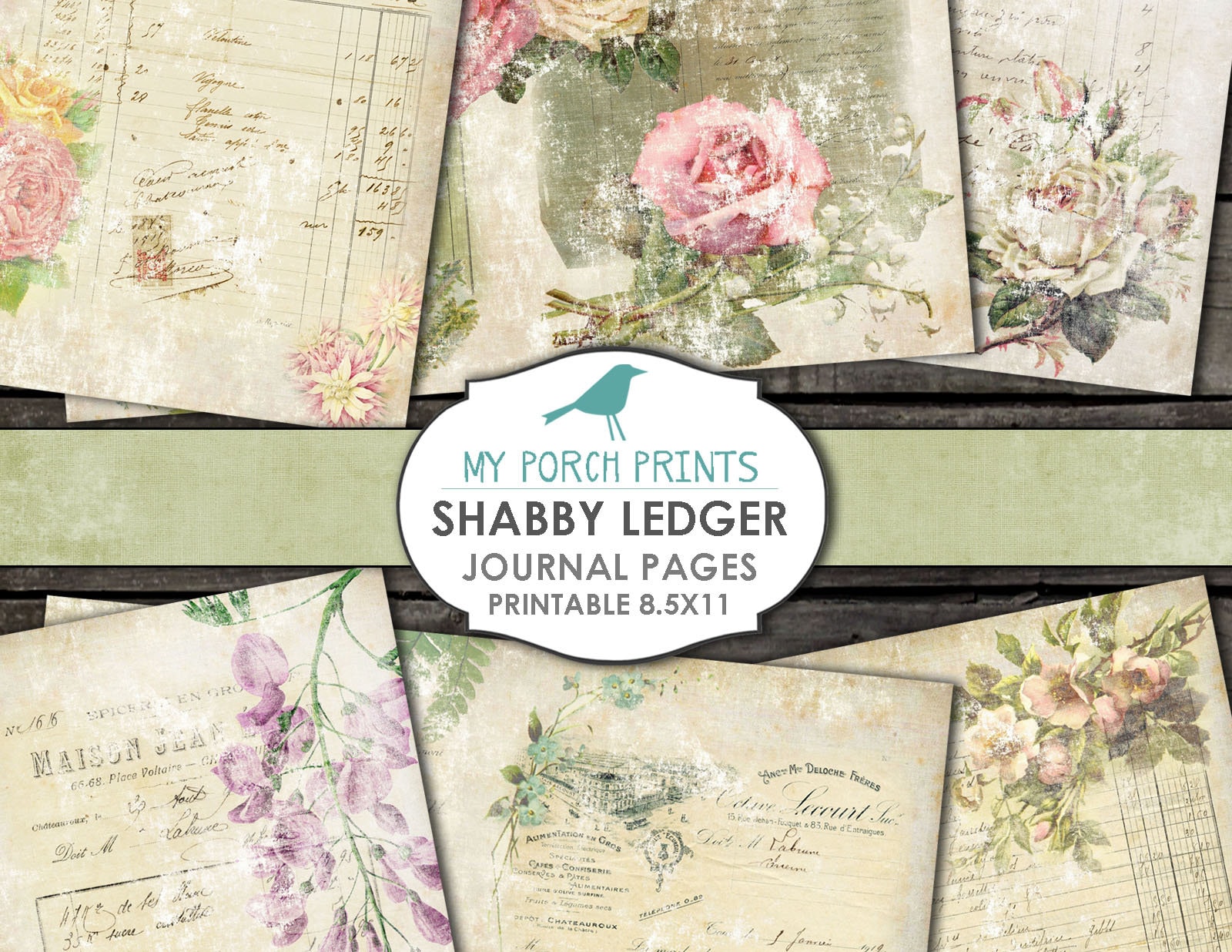 Shabby Ledger Journal Pages, Collage Sheet, Floral, Flowers, Book ...