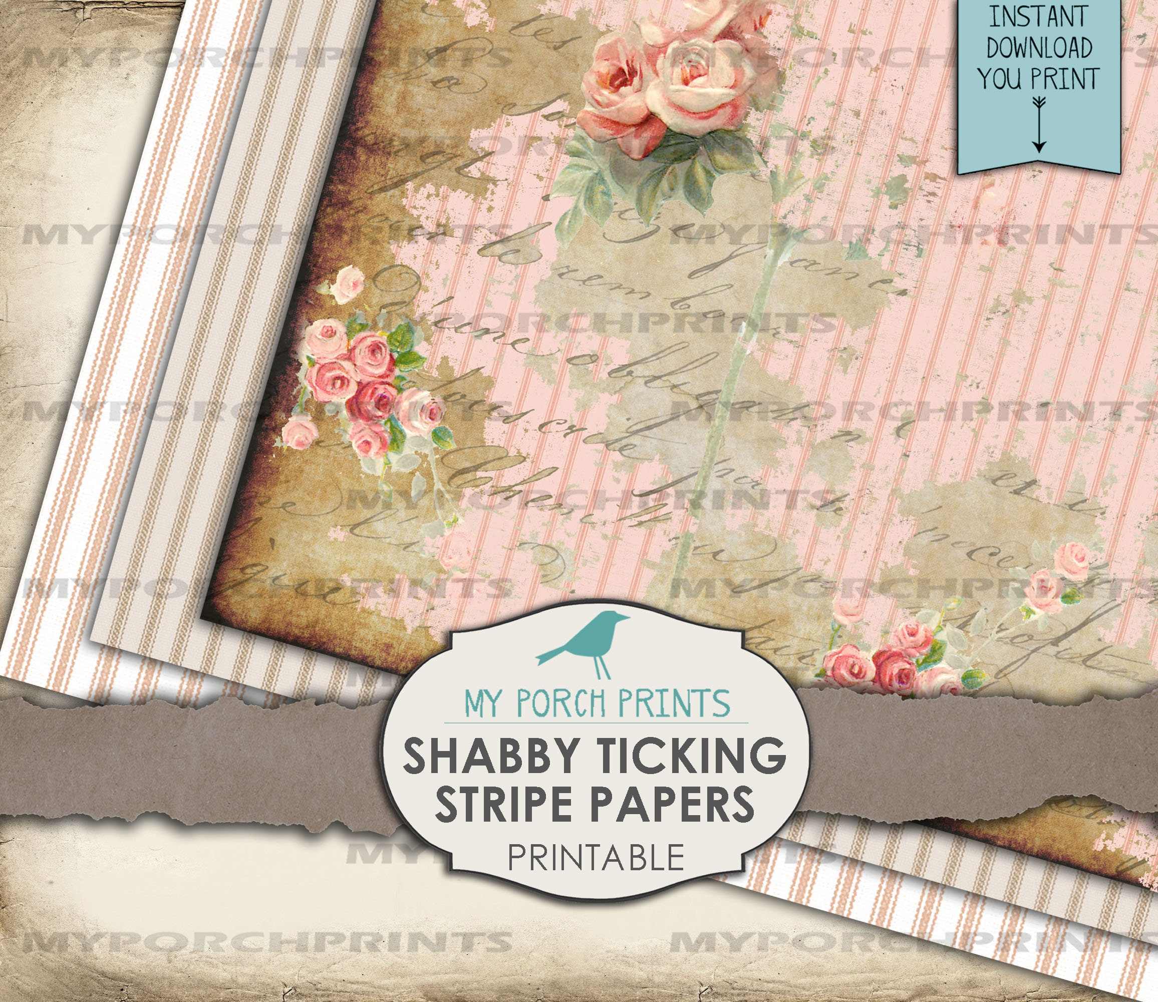 Shabby Ticking Stripe Papers, Junk Journal, Printable, Ephemera, Chic ...
