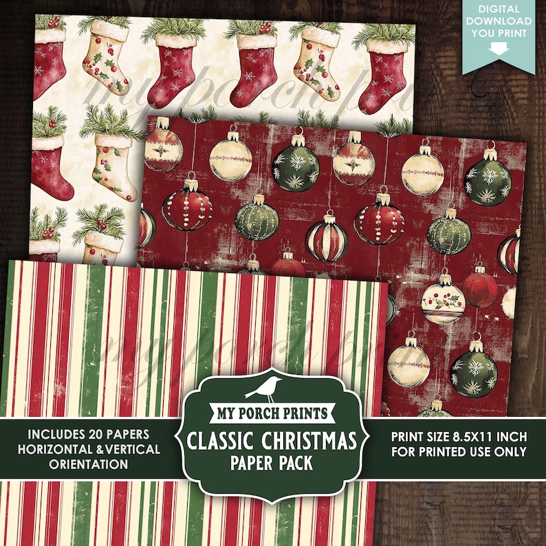 Classic Christmas Paper Pack, Junk Journal, Holiday, Merry, Red, Green ...
