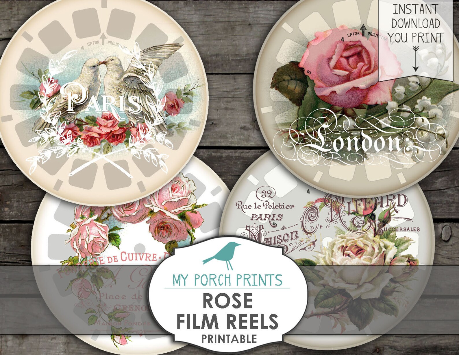 Rose Film Reel Cards Circle Collage Sheet Ephemera - Etsy