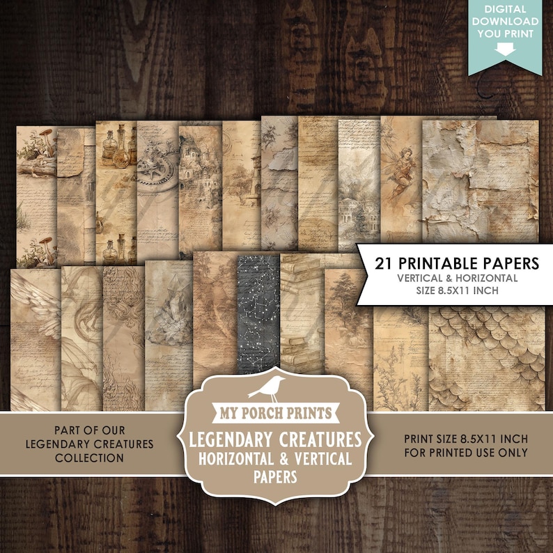 Legendary Creatures Junk Journal Papers, Horizontal & Vertical Magical ...