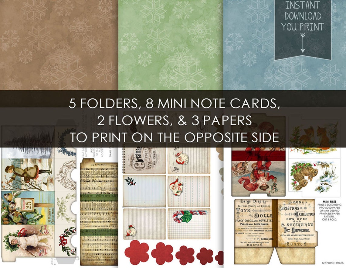 Christmas Mini File Folders, Scrapbook Kit, Junk Journal Kit, Notecards ...