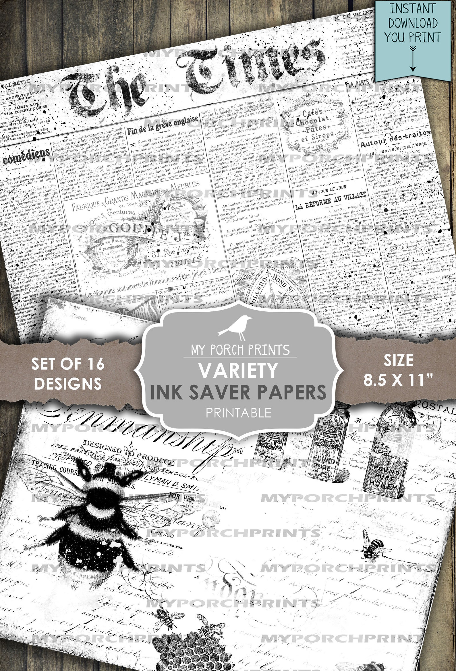 Variety, Junk Journal, Printable, Papers, Ink Saver, Black and White ...