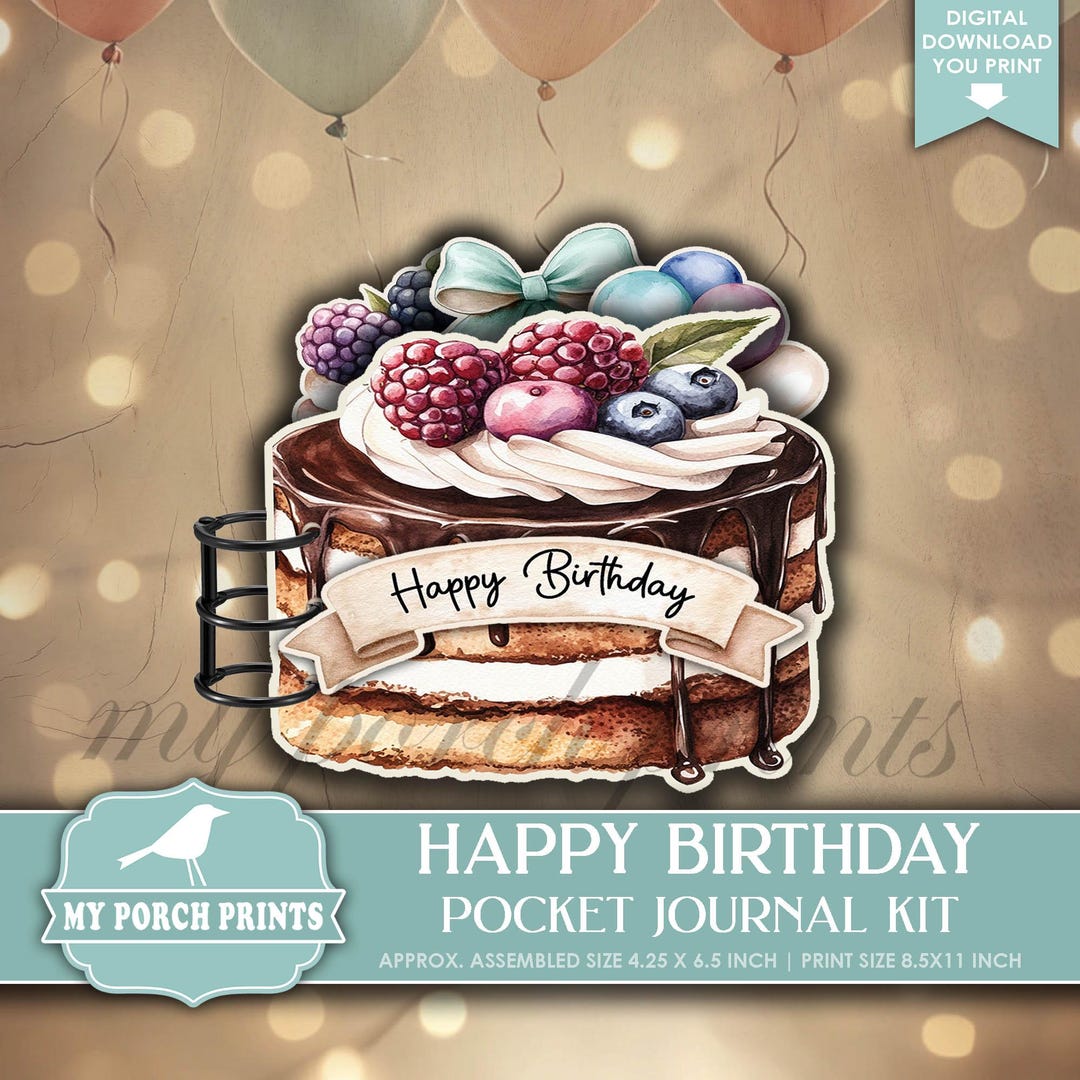 Happy Birthday Pocket Journal Kit, Birthday Card Cake Balloons Photo ...