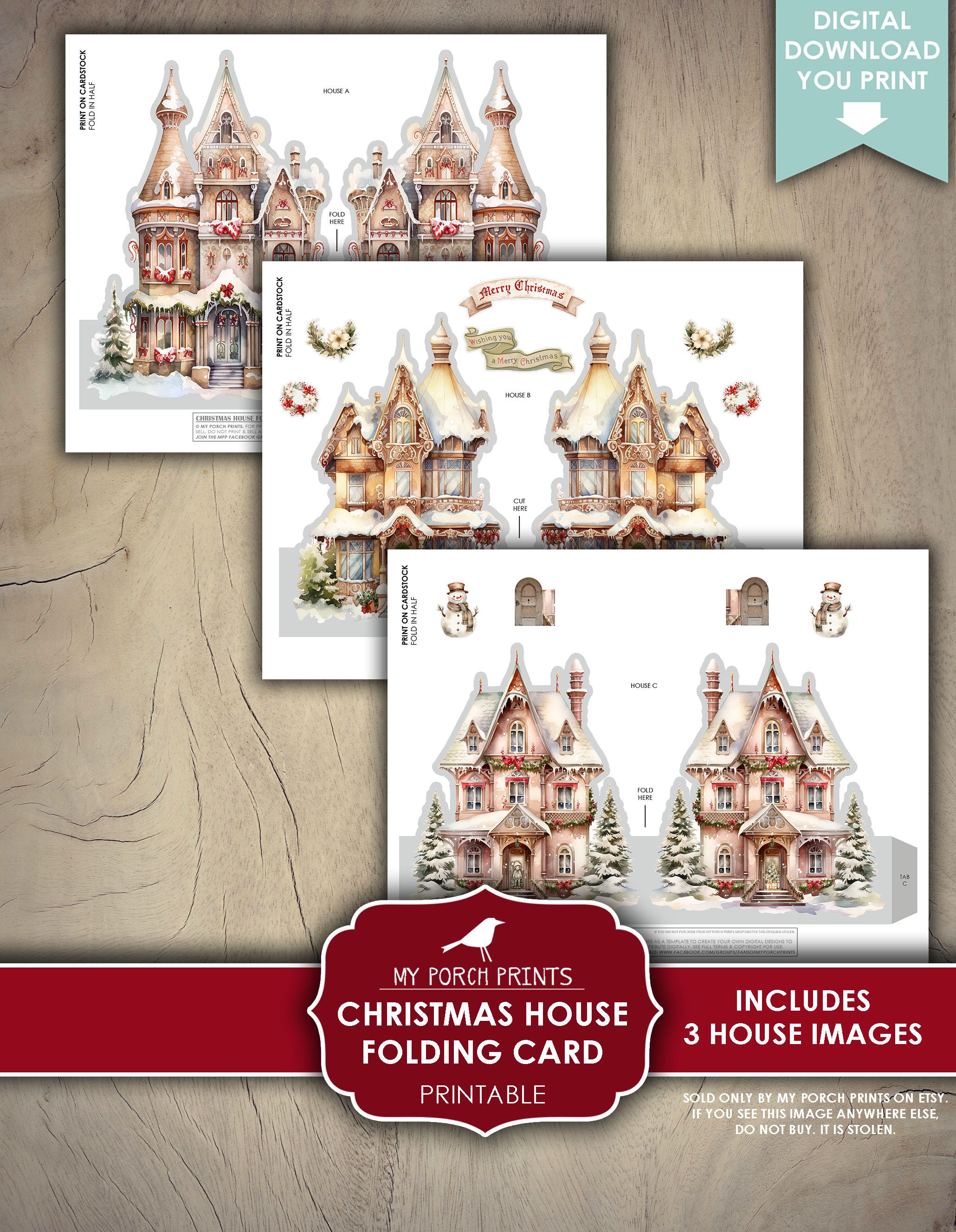 Christmas House Folding Card, Junk Journal, Insert, Kit, 3D, Craft ...
