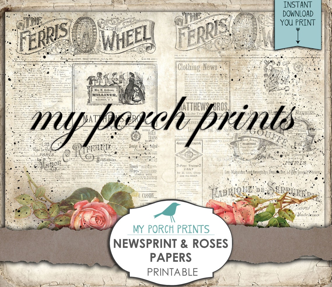 Newspaper Roses, Printable, Paper, Newsprint, Junk Journal, Digital Kit ...